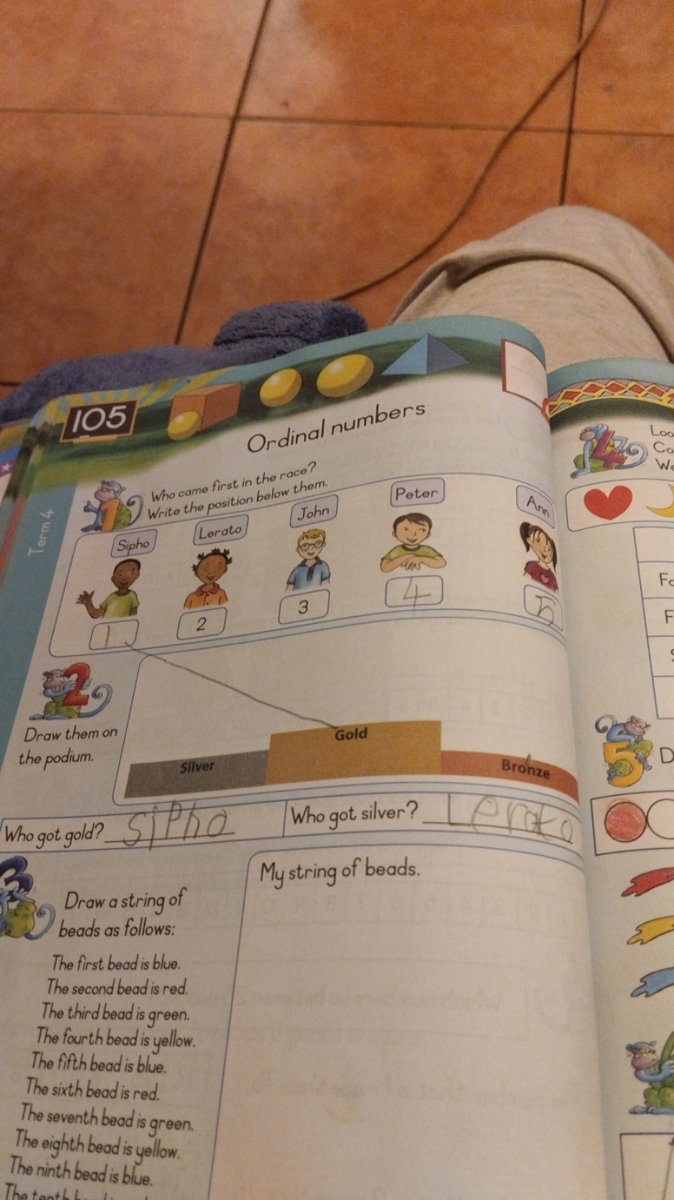 Ordinal numbers Who came first in the race? Write the position below the..