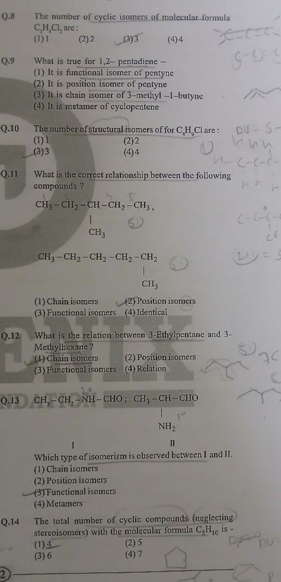 Q.8 The number of cyclic isomers of molecular formula C₃H₄Cl₂ are: (1) 1