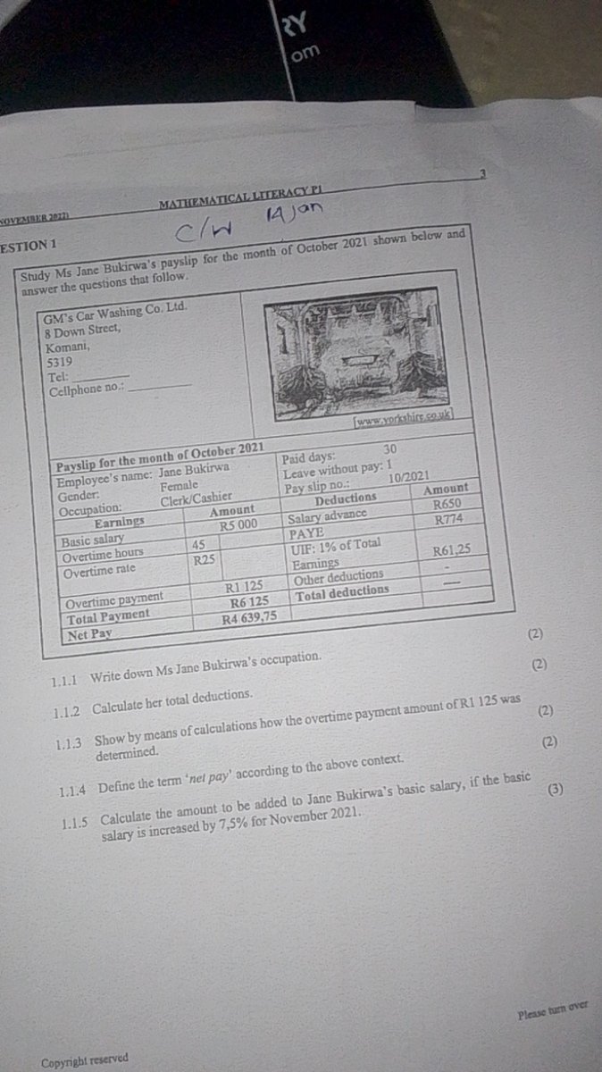 Study Ms Jane Bukirwa's payslip for the month of October 2021 shown below..