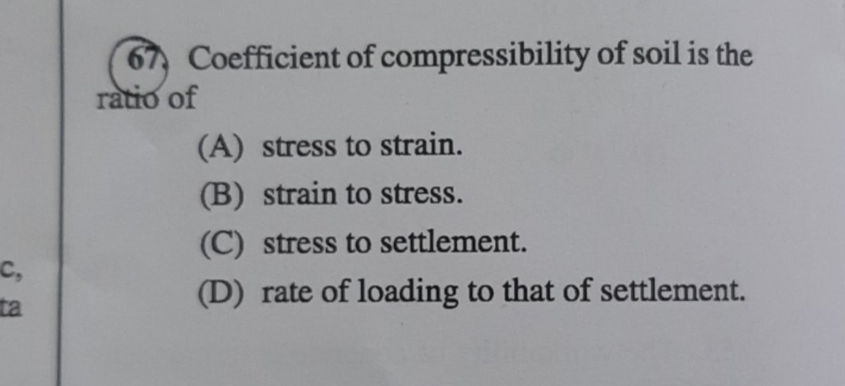 Coefficient of compressibility of soil is the ratio of (A) stress to str..