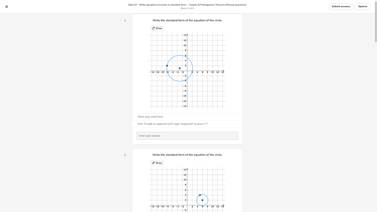 Write the standard form of the equation of the circle. (Graph showing a