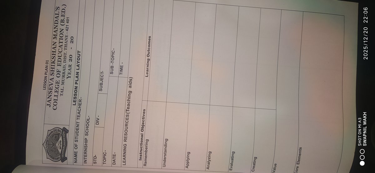 The image shows a blank lesson plan layout from "JANSEVA SHIKSHAN MANDAL'..
