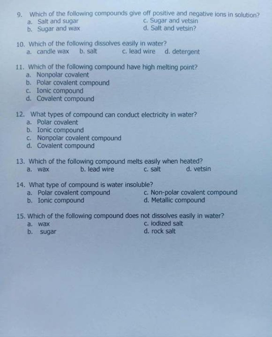 Which of the following compounds give off positive and negative ions in s..