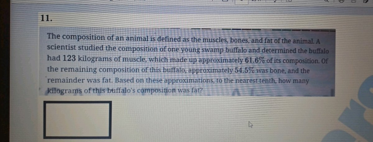 The composition of an animal is defined as the muscles, bones, and fat of..