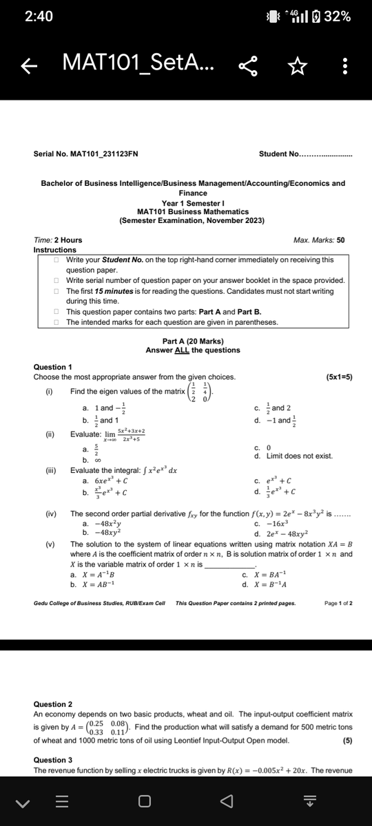 Here are some questions from a Business Mathematics exam: Part A (20 Mar..