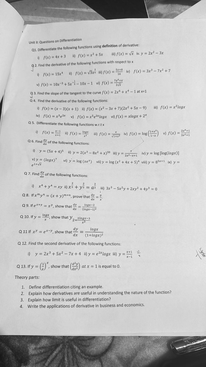 Unit II: Questions on Differentiation Q1. Differentiate the following fu..