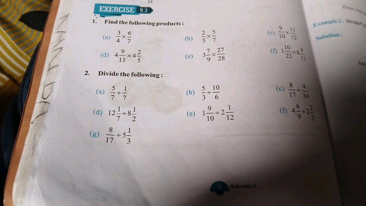 Here are the questions: 1. Find the following products: (a) \frac{3}{4}