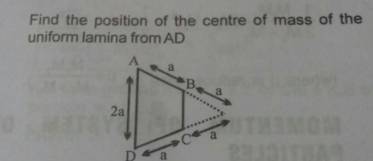Find the position of the centre of mass of the uniform lamina from AD.
