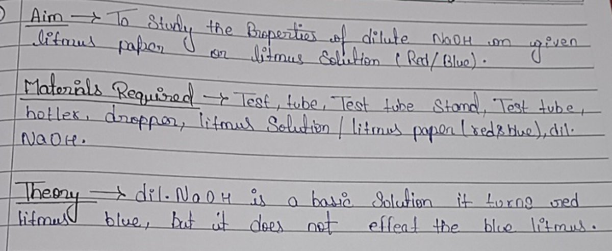 Aim: To study the properties of dilute NaOH on given litmus paper or litm..