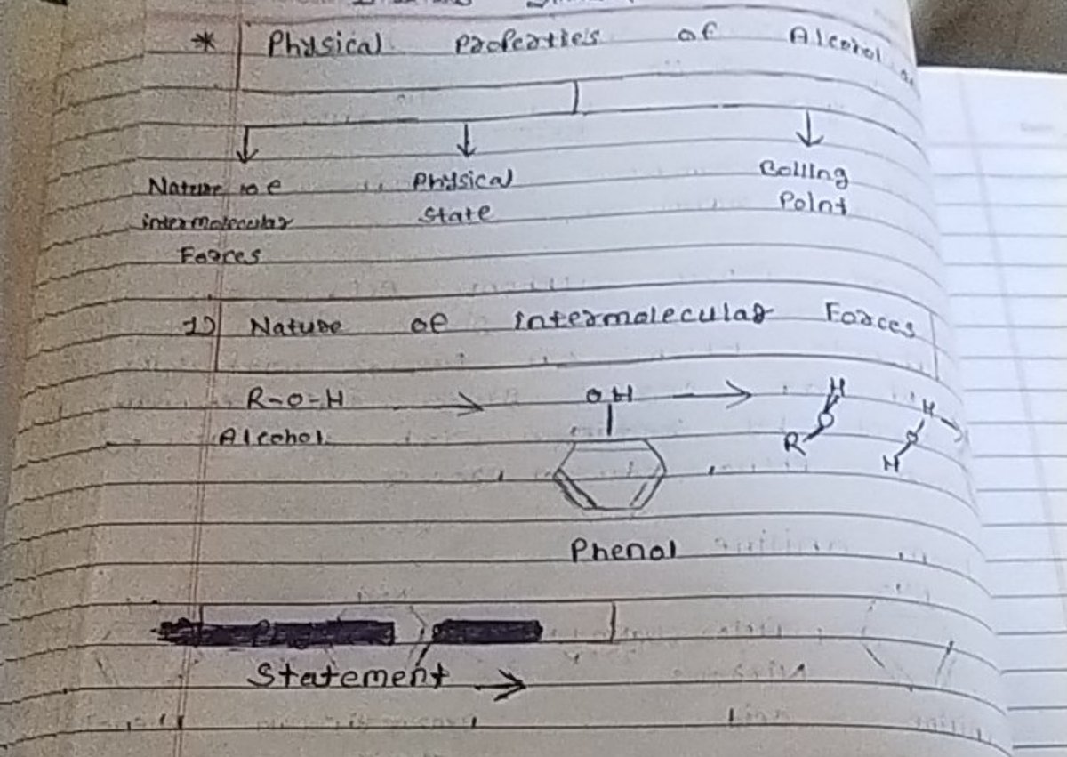 The image shows a partial note on the physical properties of alcohol and