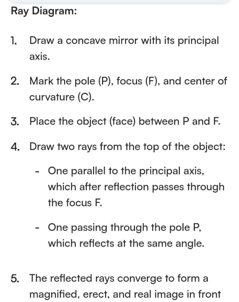 Ray Diagram: Draw a concave mirror with its principal axis. Mark the pol..