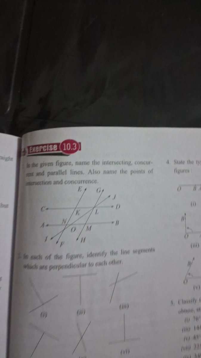 In the given figure, name the intersecting, concurrent and parallel lines..