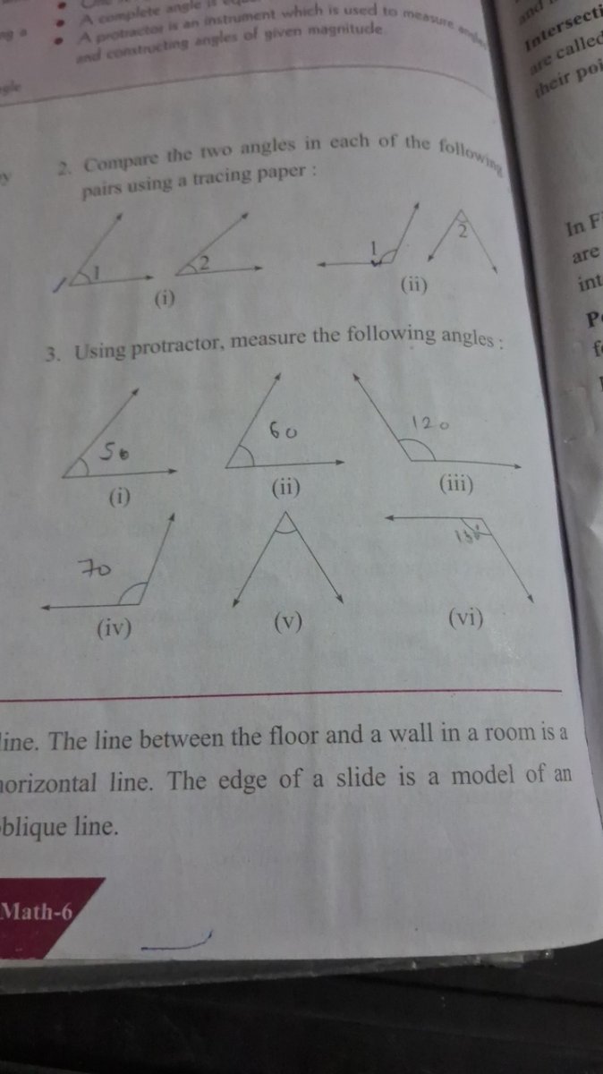 Compare the two angles in each of the following pairs using a tracing pap..