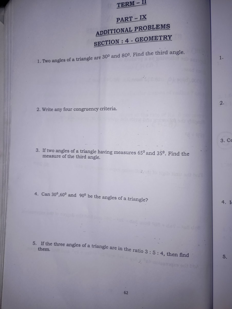 Here are some geometry problems: Two angles of a triangle are 30° and 80..