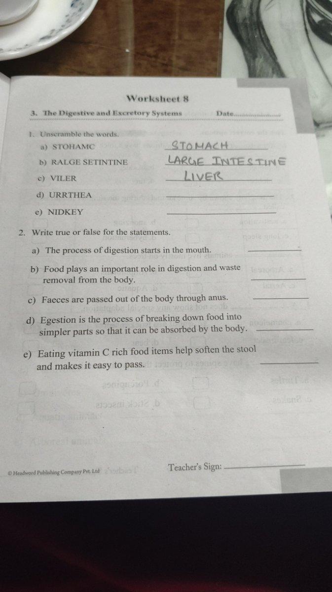 Worksheet 8 The Digestive and Excretory Systems Unscramble the words. a..