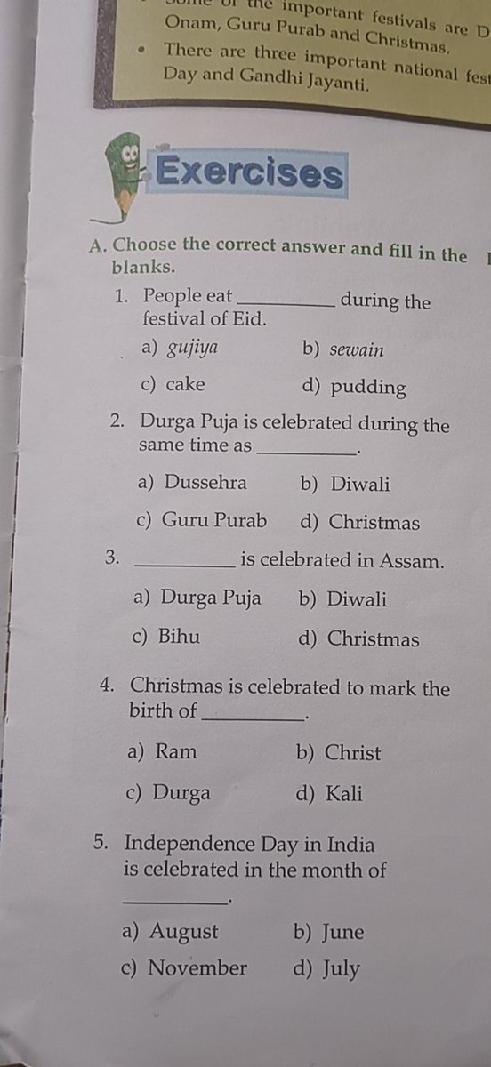 A. Choose the correct answer and fill in the blanks. People eat __ durin..