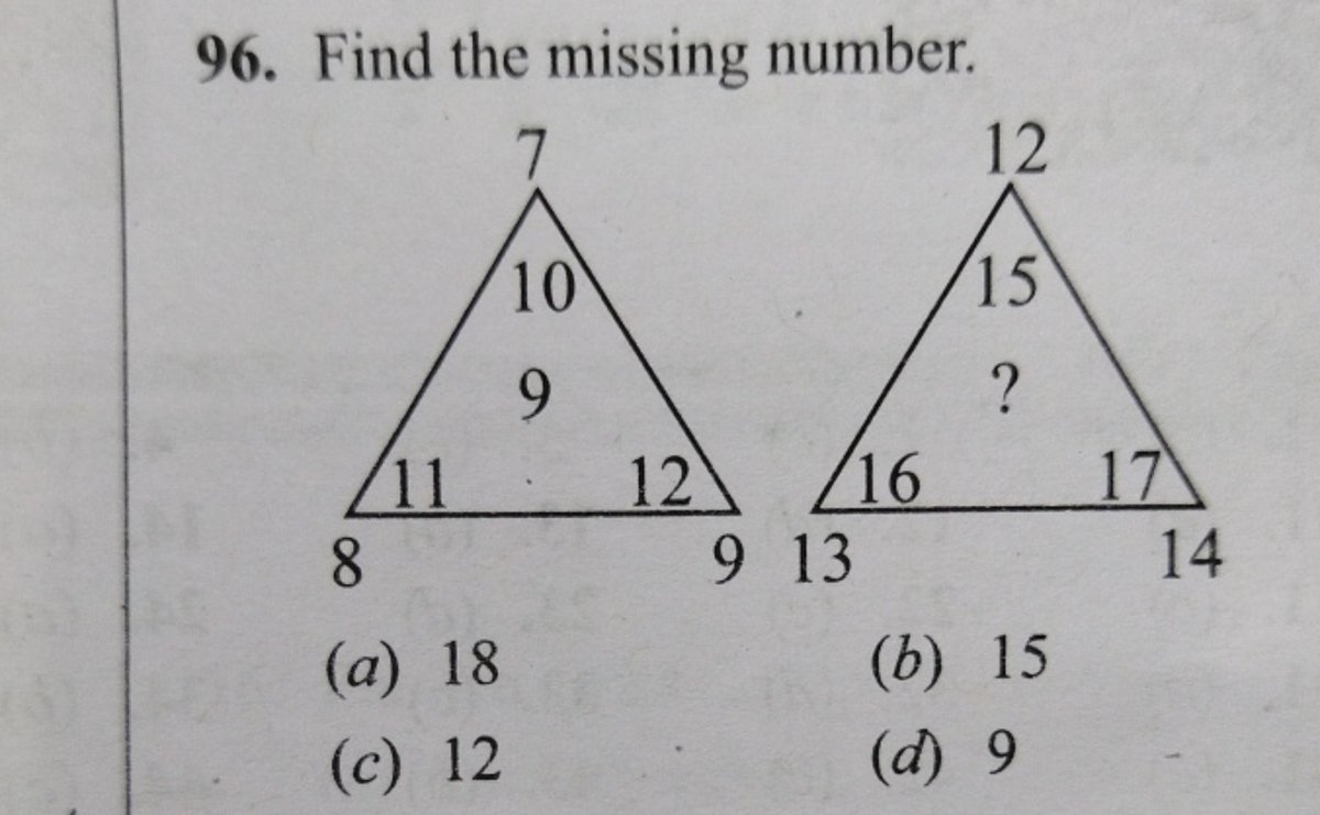 Find the missing number. Diagram showing two triangles with numbers arra..