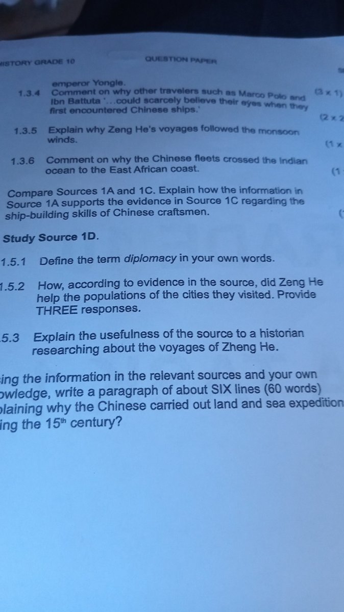 HISTORY GRADE 10 QUESTION PAPER emperor Yongle. 1.3.4 Comment on why o..