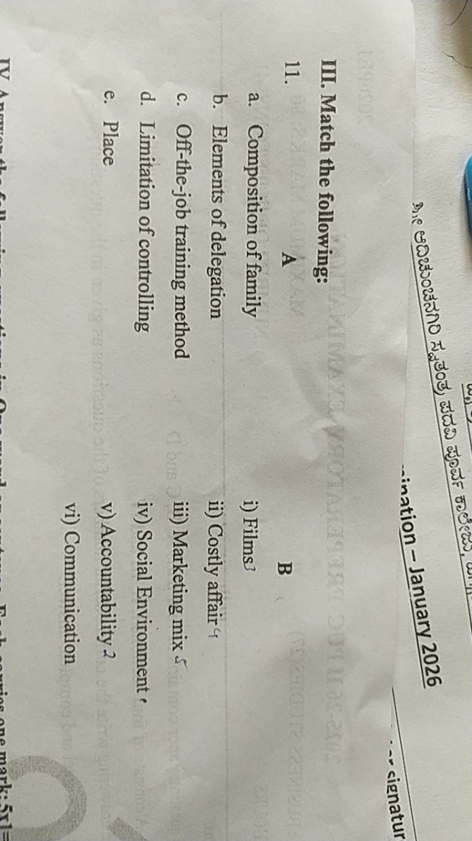 III. Match the following: A a. Composition of family b. Elements of dele..