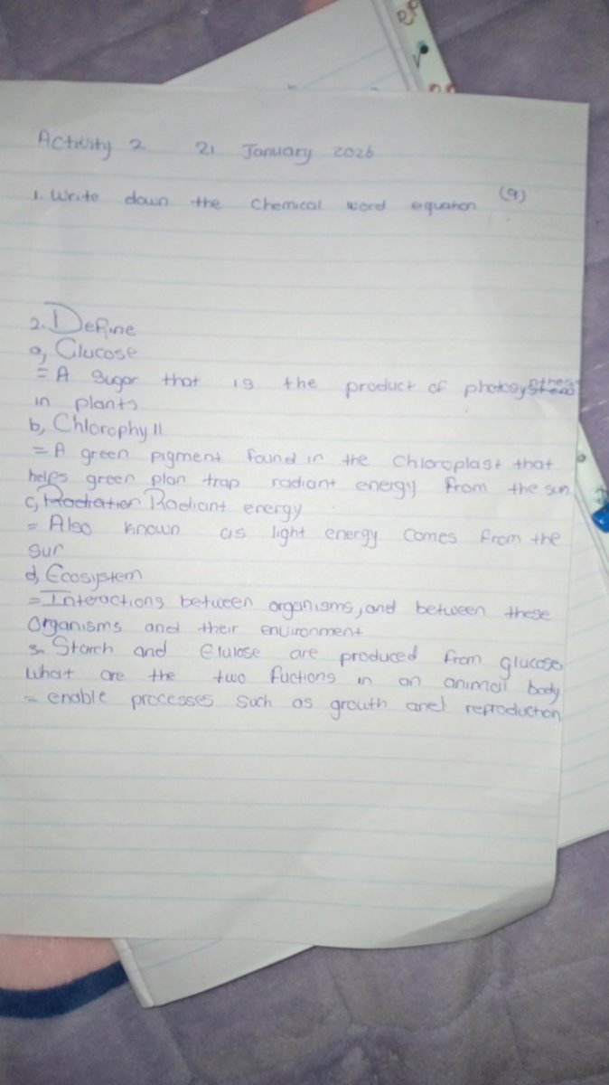 Activity 2 21 January 2026 Write down the Chemical word equation (9) De..