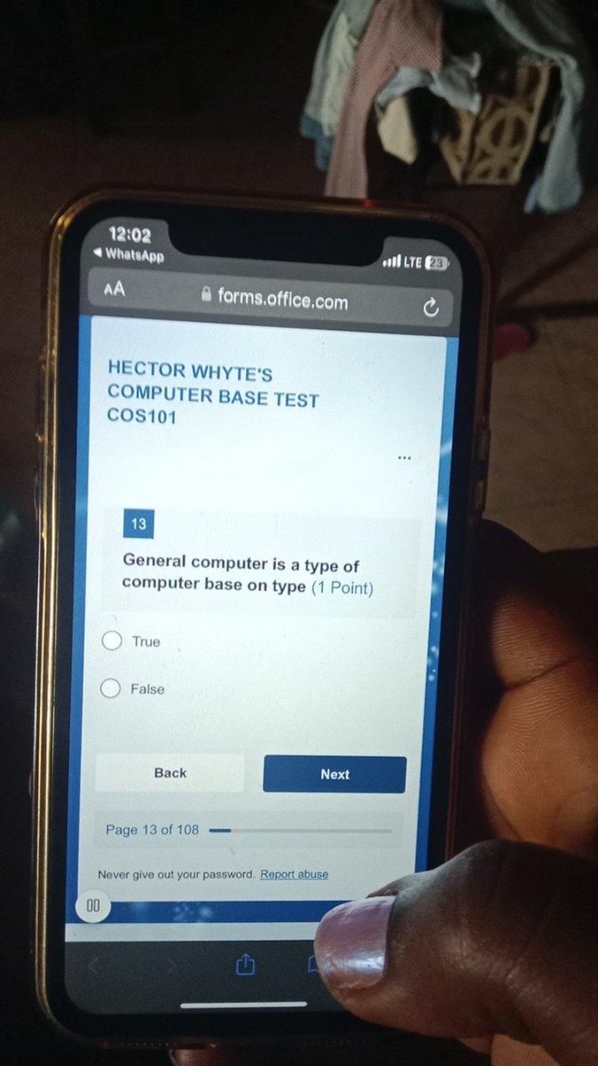 General computer is a type of computer base on type (1 Point) True False..