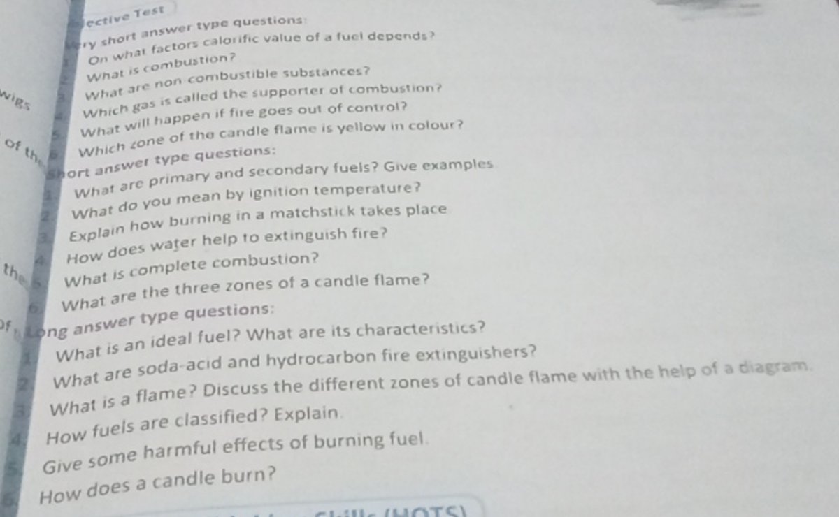 Here are a series of questions related to combustion and fuels: Very sho..