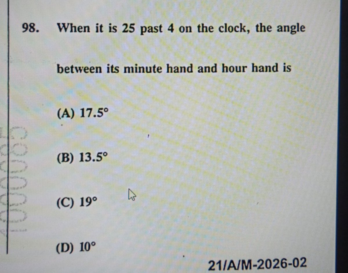 When it is 25 past 4 on the clock, the angle between its minute hand and