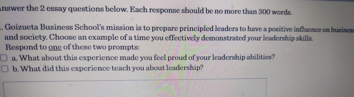 Answer the 2 essay questions below. Each response should be no more than
