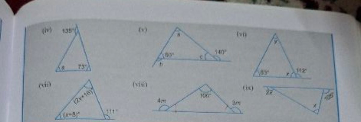 The image shows several diagrams of triangles with angles and variables.