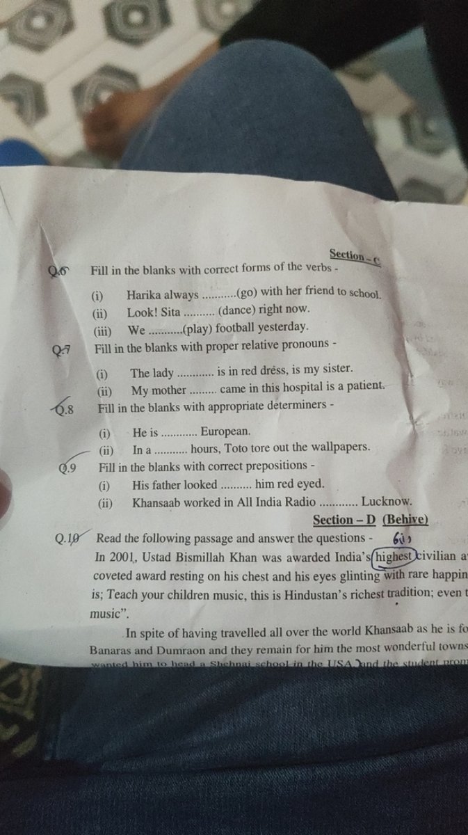 Section-C Q.6 Fill in the blanks with correct forms of the verbs - (i) Ha..