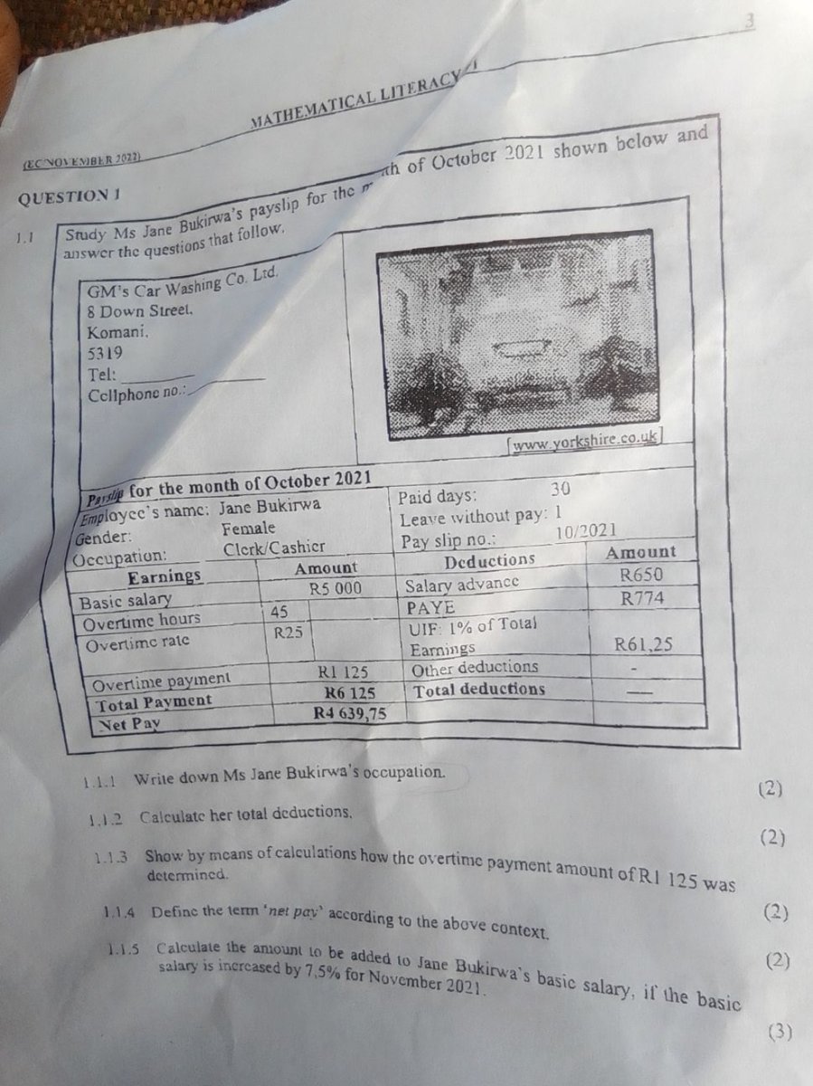 QUESTION 1 1.1 Study Ms Jane Bukirwa's payslip for the month of October