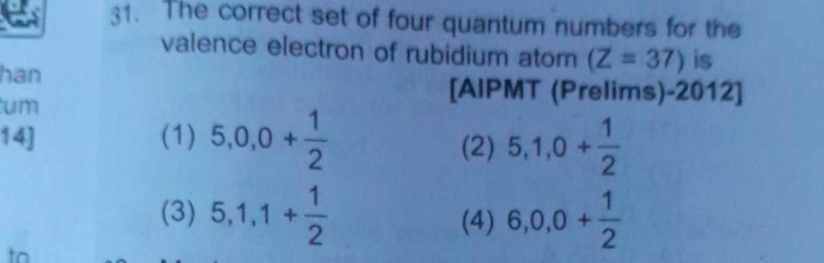 The correct set of four quantum numbers for the valence electron of rubid..