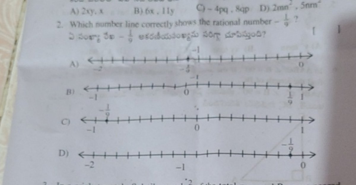 Which number line correctly shows the rational number -1/9? (The questio..