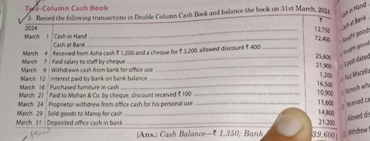 Record the following transactions in Double Column Cash Book and balance
