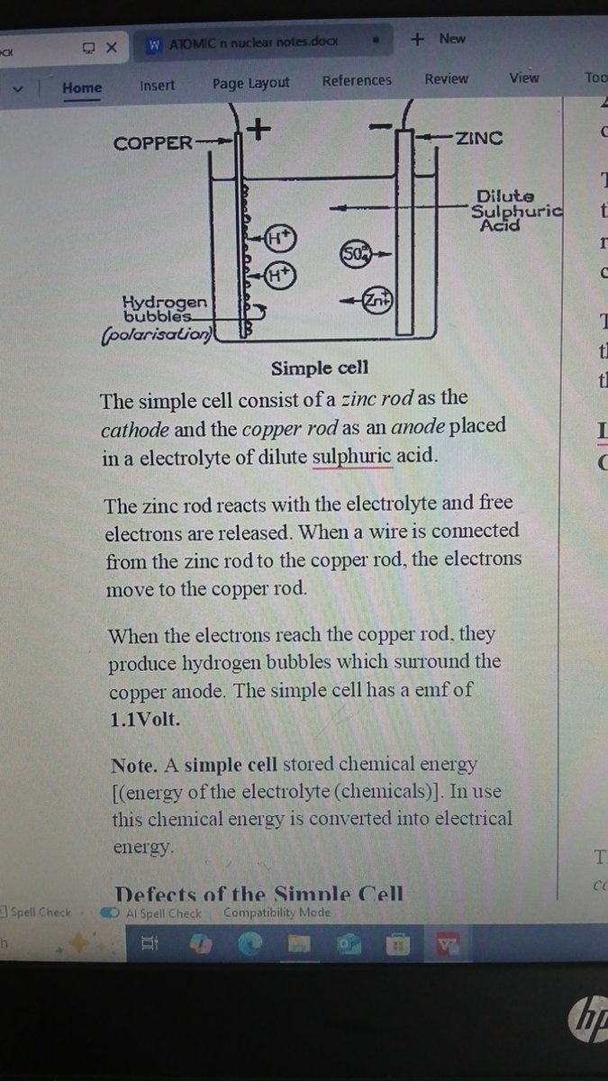 The simple cell consists of a zinc rod as the cathode and the copper rod
