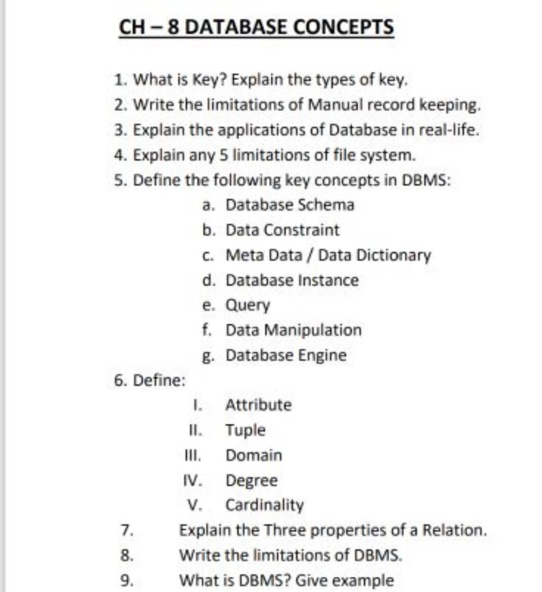 CH – 8 DATABASE CONCEPTS What is Key? Explain the types of key. Write th..
