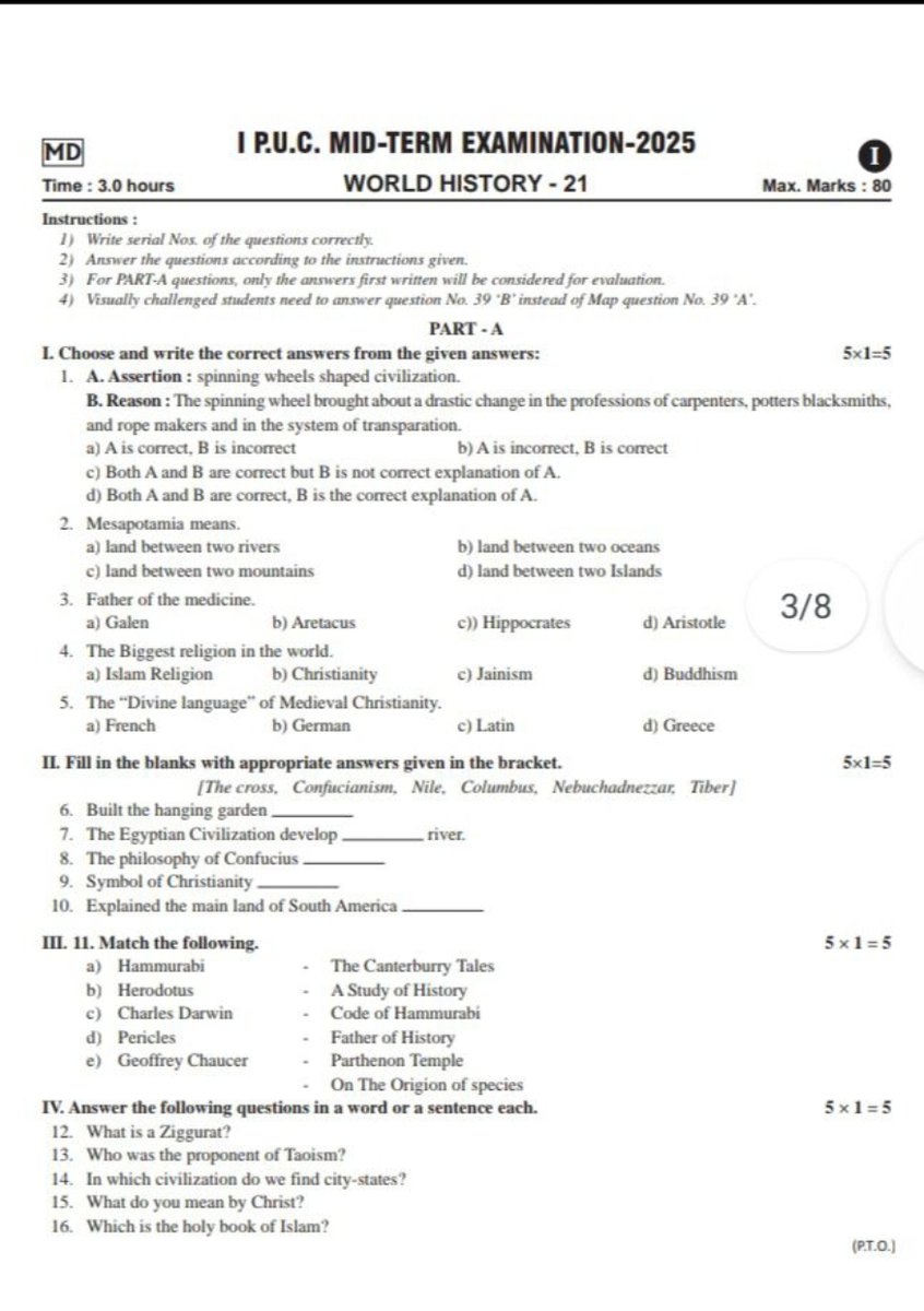 I P.U.C. MID-TERM EXAMINATION-2025 WORLD HISTORY - 21 Max. Marks: 80 Ins..
