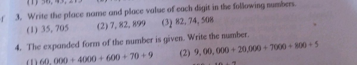 Write the place name and place value of each digit in the following numbe..