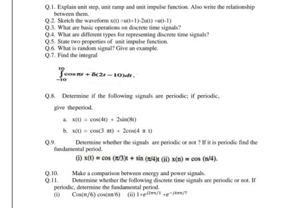 Q.1. Explain unit step, unit ramp and unit impulse function. Also write t..