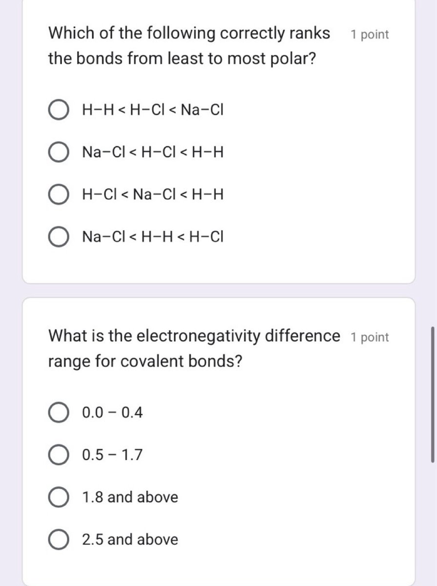Which of the following correctly ranks the bonds from least to most polar..