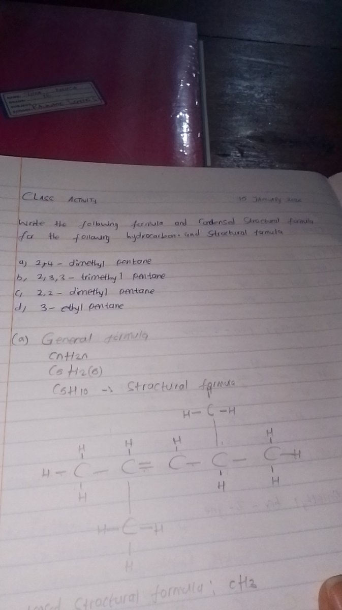CLASS ACTIVITY Write the following formula and Condensed Structural form..