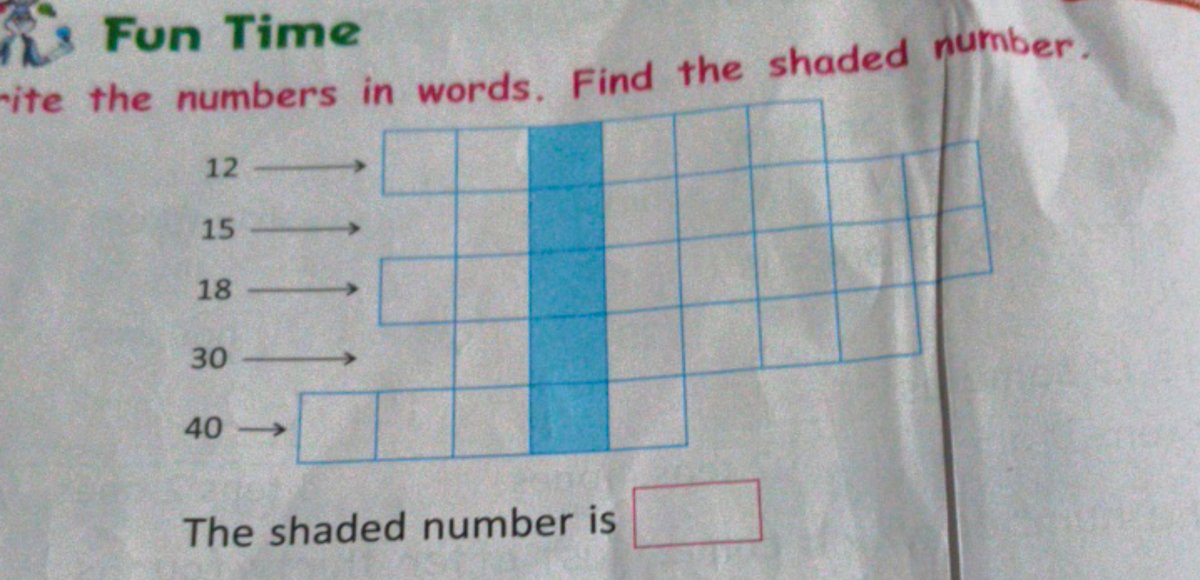 Fun Time Write the numbers in words. Find the shaded number. 12 →