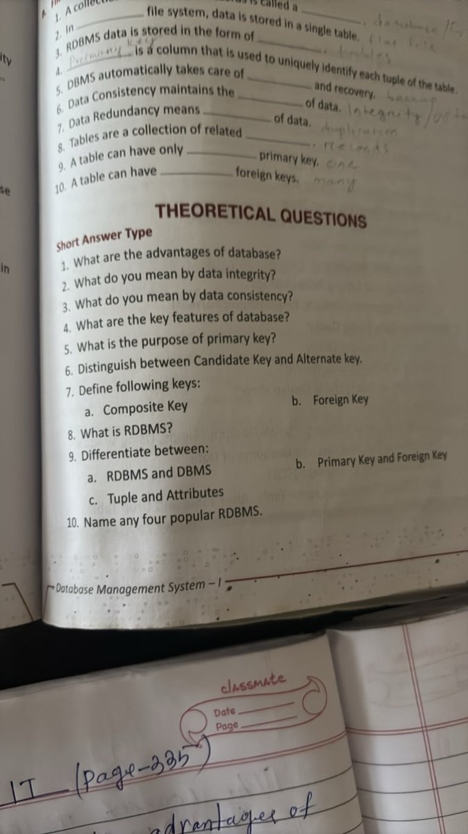 THEORETICAL QUESTIONS Short Answer Type What are the advantages of databa..
