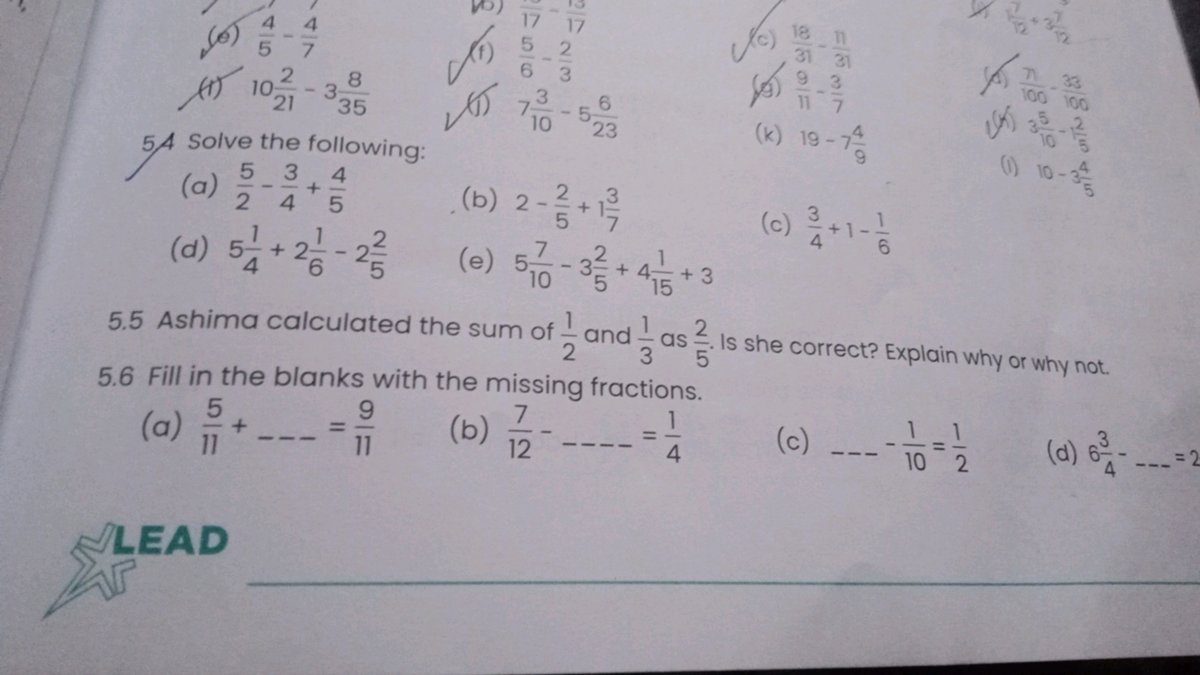 5.4 Solve the following: (a) \frac{5}{2} - \frac{3}{4} + \frac{4}{5} (b)