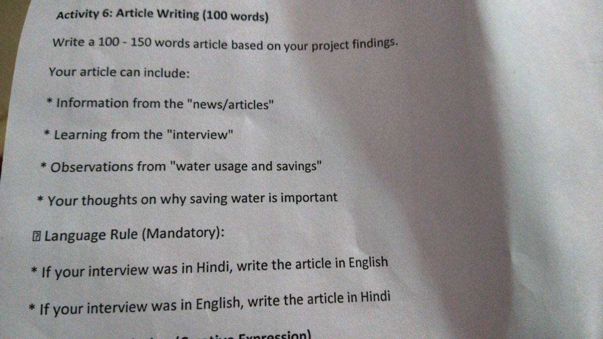 Activity 6: Article Writing (100 words) Write a 100 - 150 words article