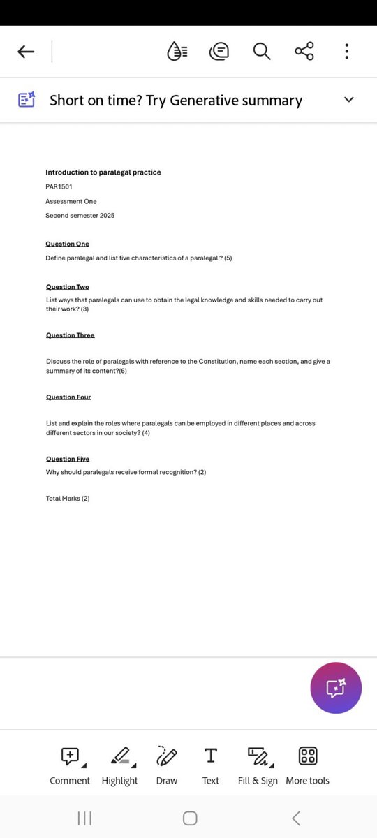 Introduction to paralegal practice PAR1501 Assessment One Second semester..