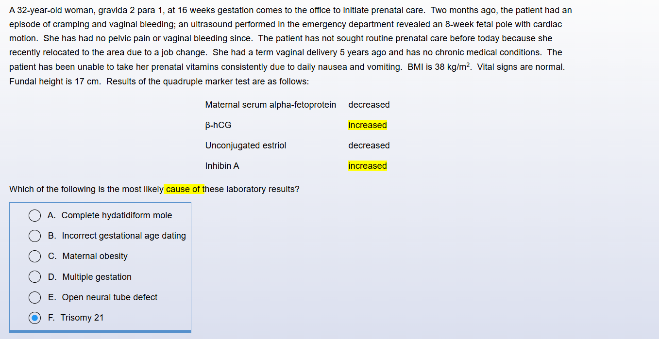 A 32-year-old woman, gravida 2 para 1, at 16 weeks gestation comes to the..
