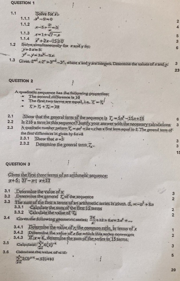 QUESTION 1 1.1 Solve for x: 1.1.1 x^2 - 9 = 0 1.1.2 \frac{2}{x-5} + \fra..