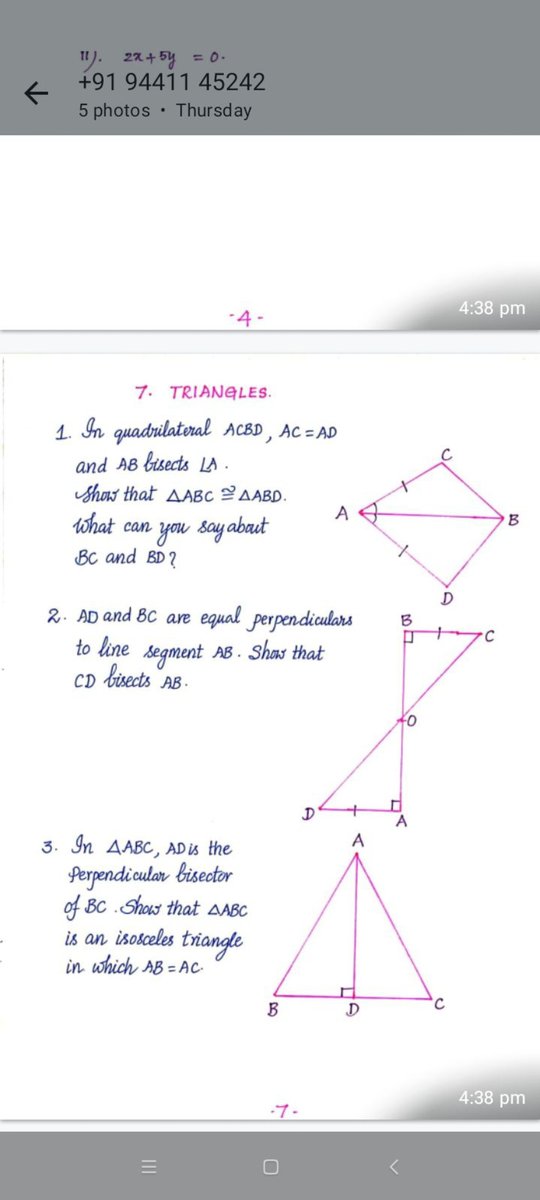 TRIANGLES. In quadrilateral ACBD, AC = AD and AB bisects ∠A. Show that Δ..