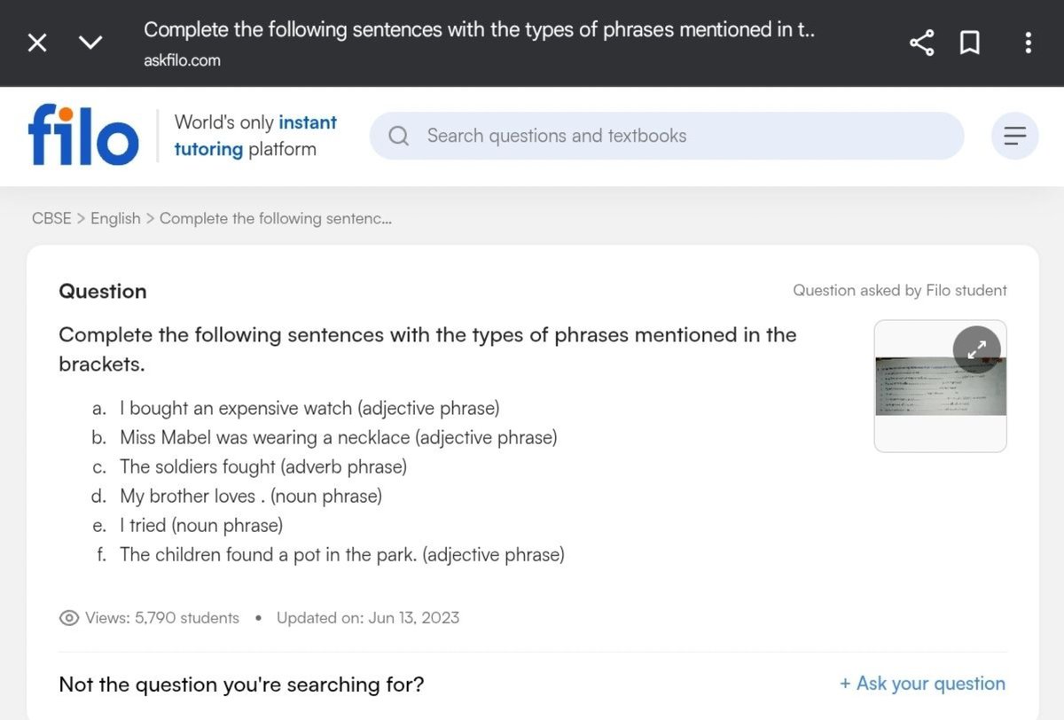 Complete the following sentences with the types of phrases mentioned in t..